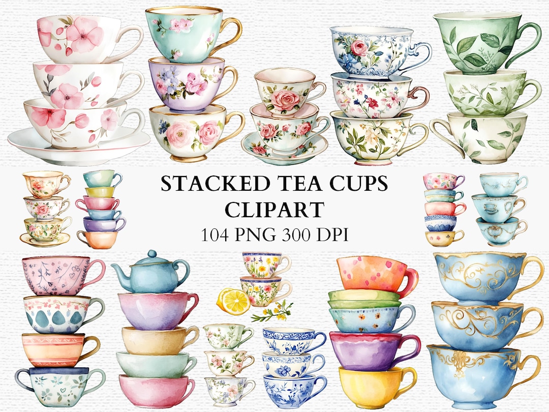 Stacked Teacups Clipart PNG 104 Watercolor Tea Cup Graphics Floral ...