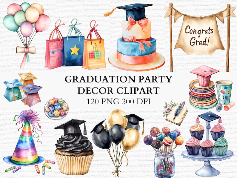 Graduation Party Clipart PNG Set Congrats Grad Balloons Cupcakes Hats ...