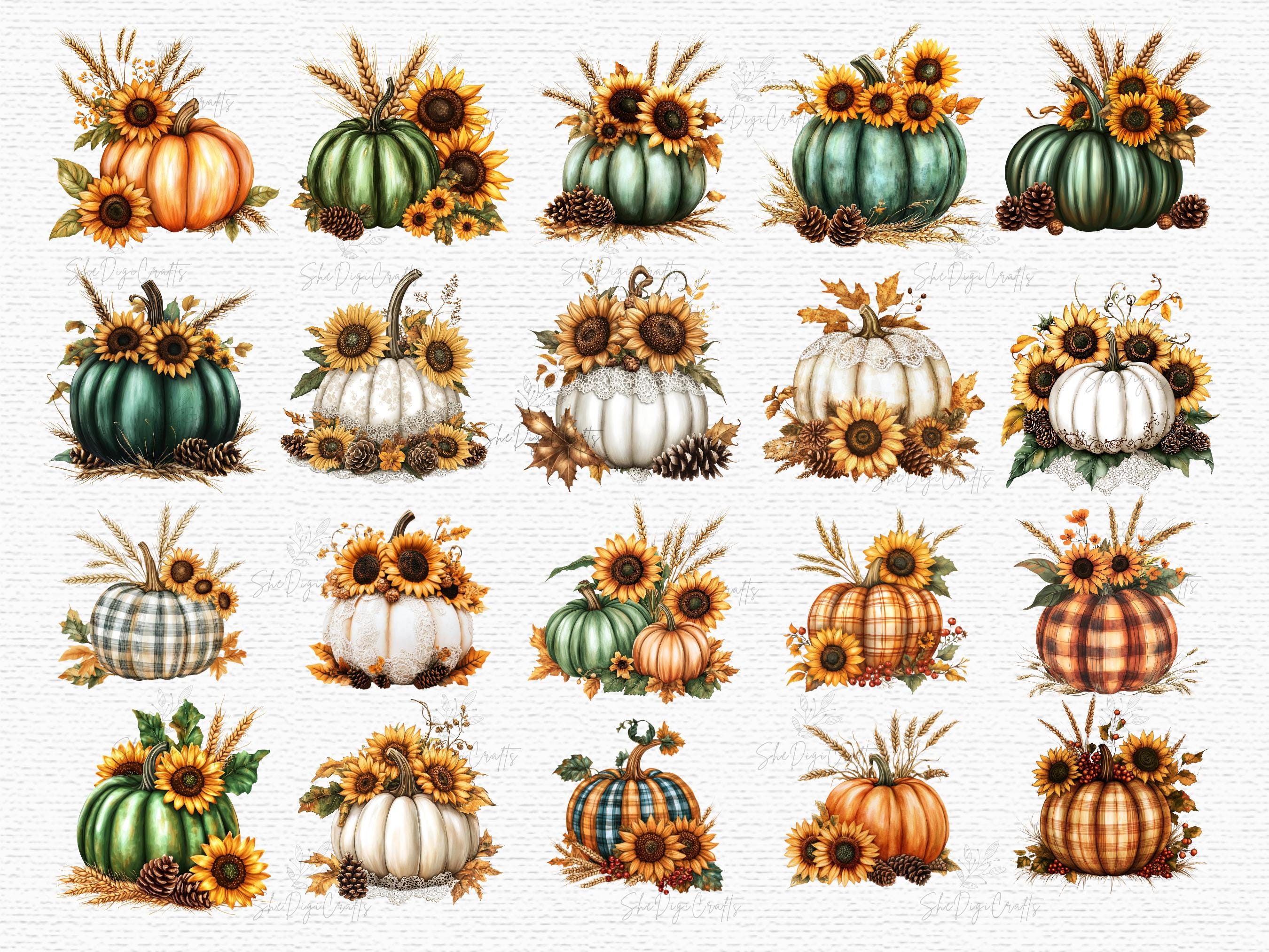 100 Autumn Pumpkin With Sunflower Clipart Set Watercolor Pumpkins ...
