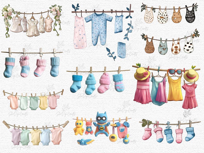 Baby Clothes Clipart Cute Nursery Clothesline Baby Shower Decoration ...