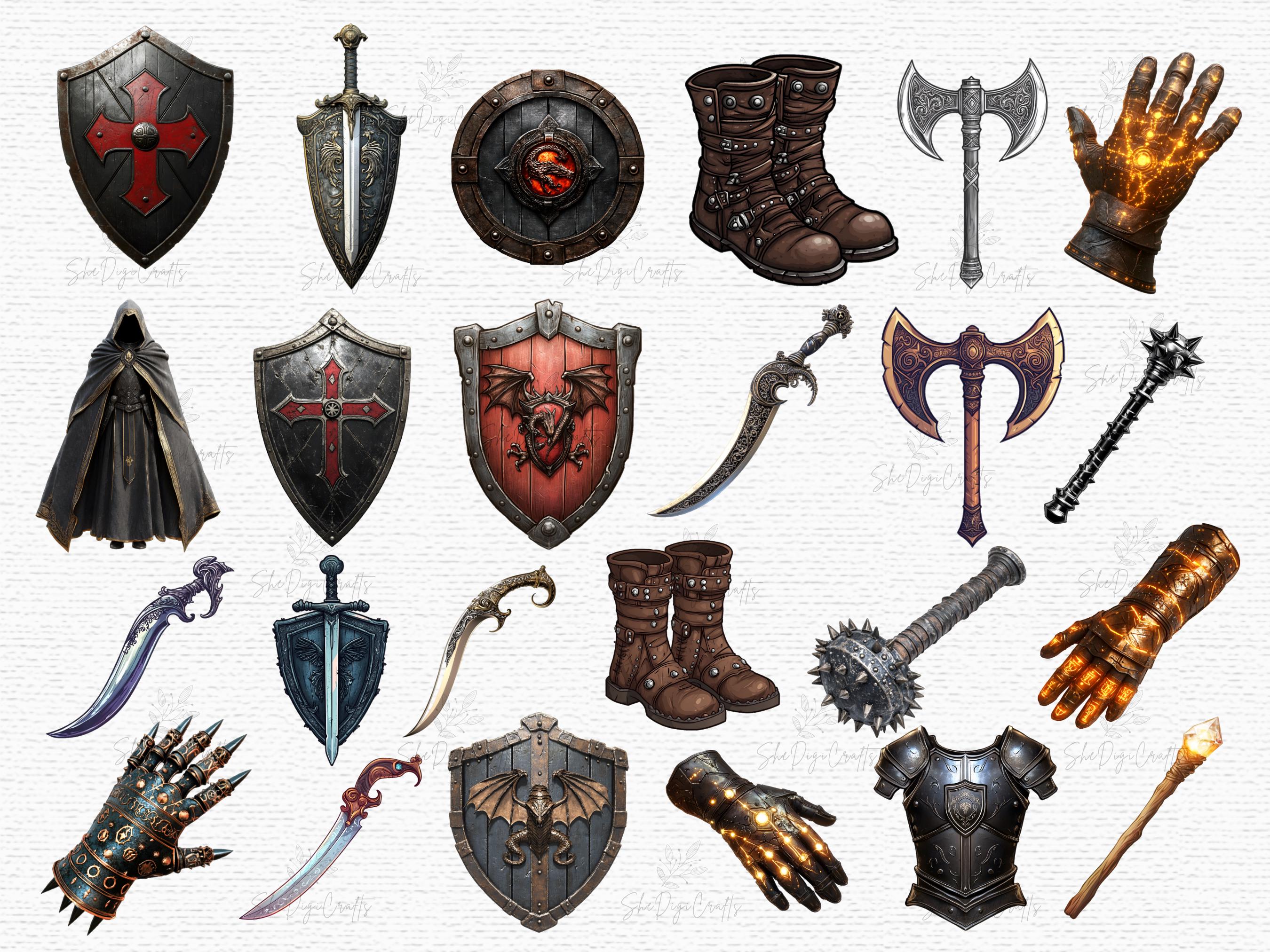 Medieval Weapons Clipart PNG Fantasy Swords Shields Helmets Armor Dark ...