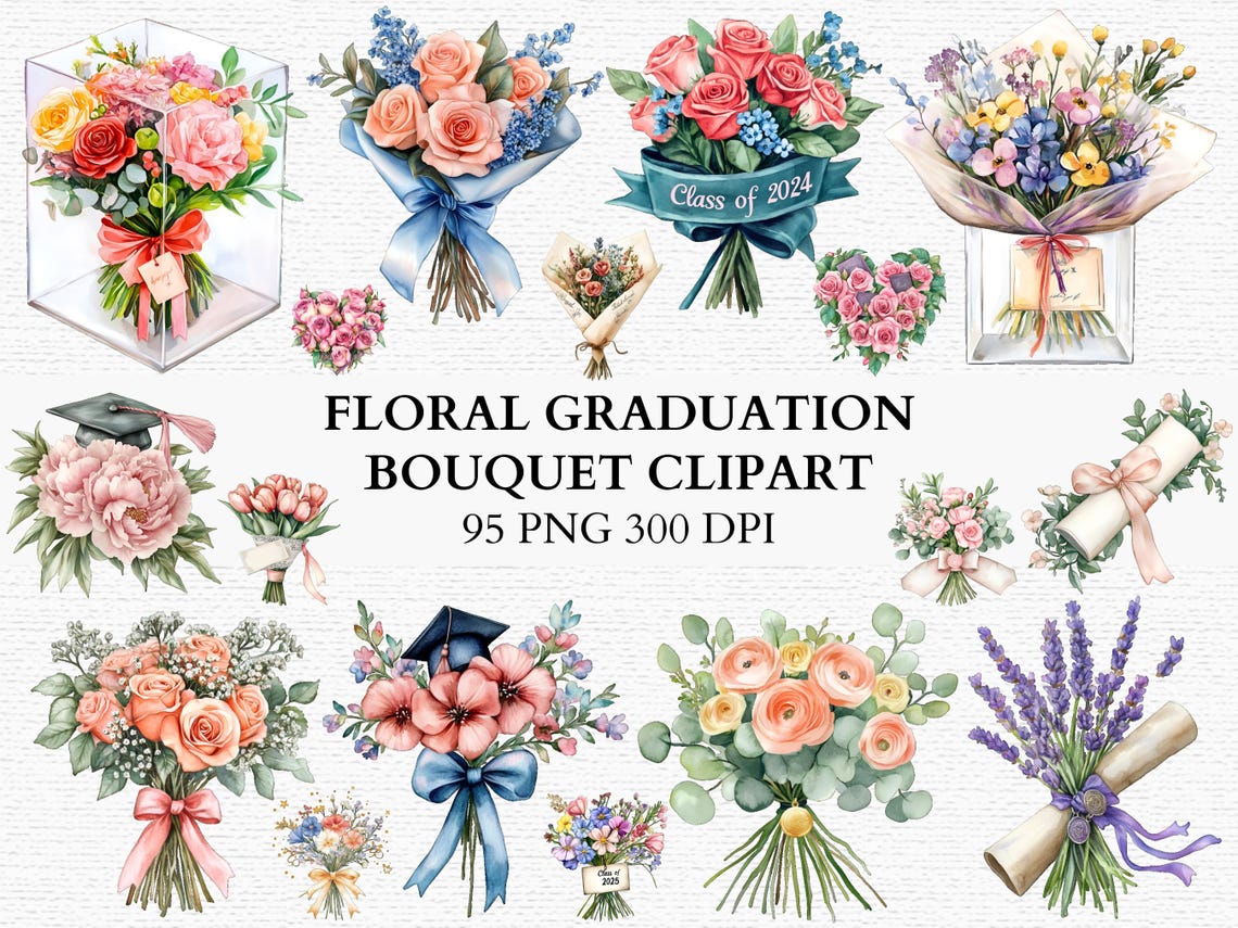 Floral Graduation Bouquet Clipart PNG Set Watercolor Flowers Class of ...