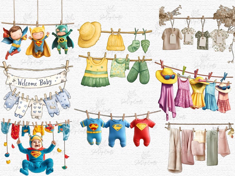 Baby Clothes Clipart Cute Nursery Clothesline Baby Shower Decoration ...