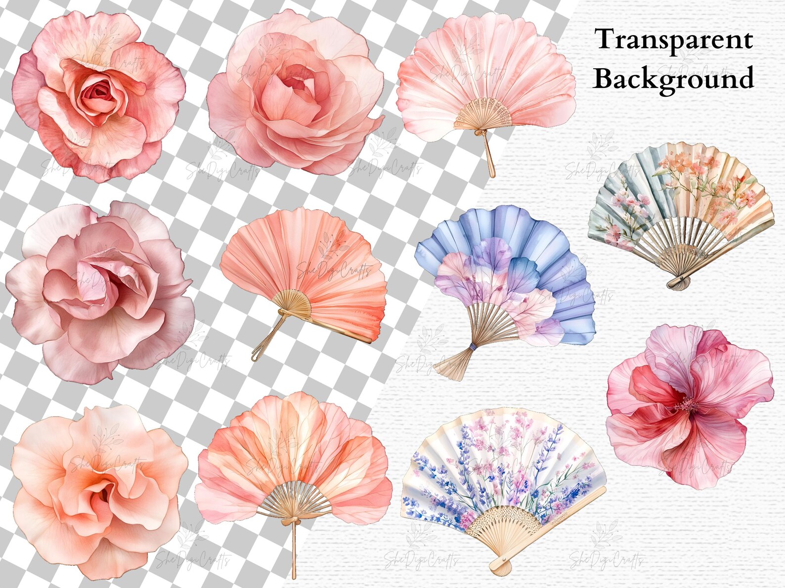 Petal Fan Clipart PNG Bundle Floral Hand Fan Graphics Watercolor Flower ...