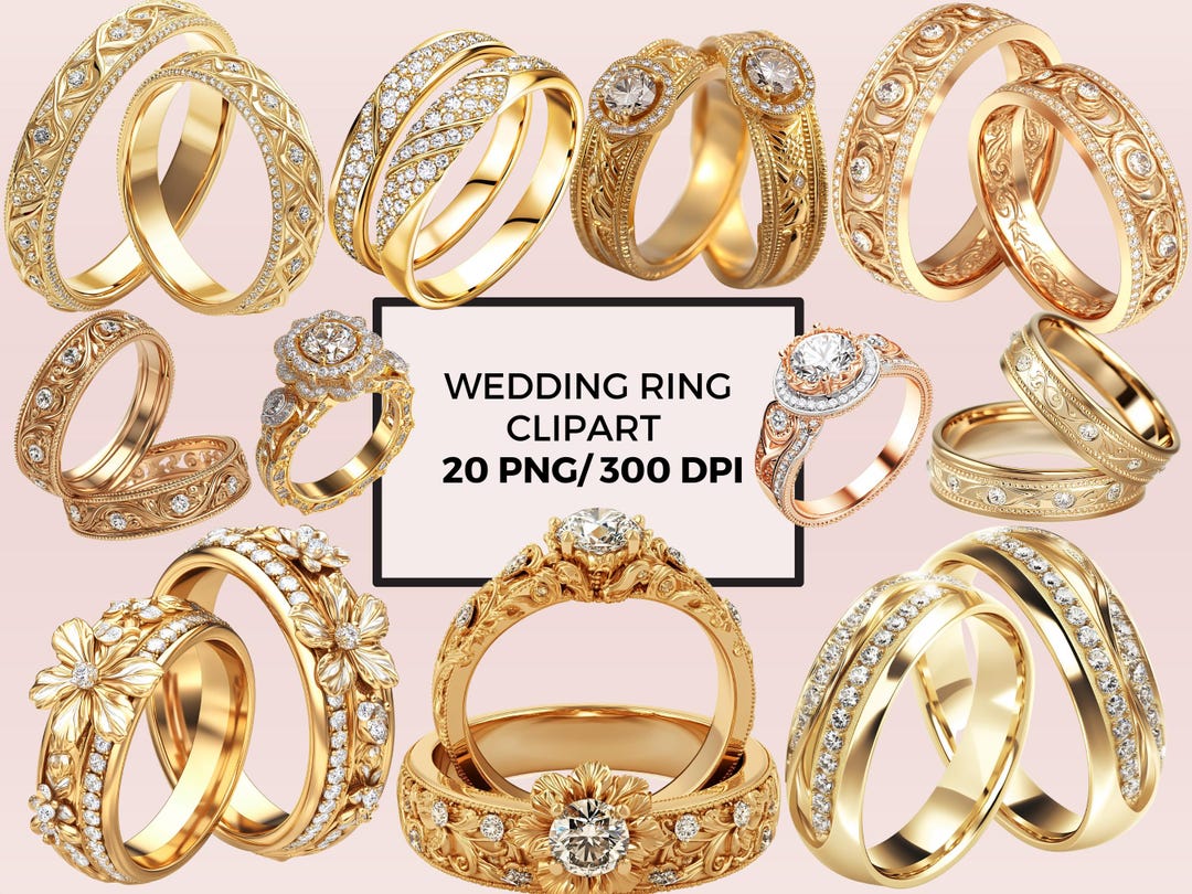 Wedding Ring Clipart Set 20 PNG Vintage Gold Diamond Engagement Ring ...
