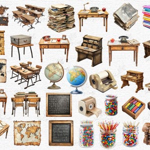 Vintage School Clipart Bundle Retro Classroom Decor Watercolor Desk ...