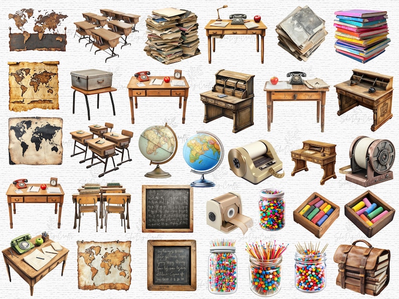 Vintage School Clipart Bundle Retro Classroom Decor Watercolor Desk ...