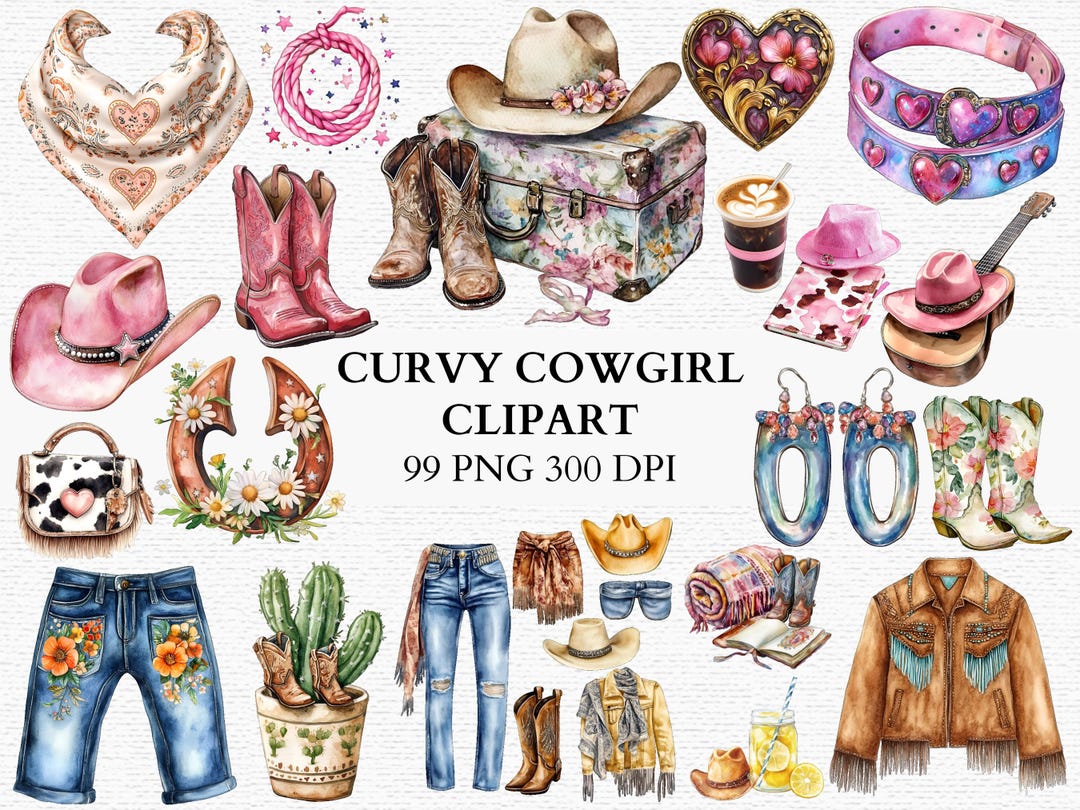 Curvy Cowgirl Clipart Set Western PNG Graphics Boho Cowgirl Digital ...