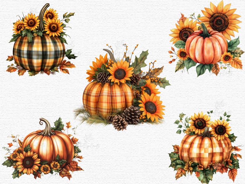 100 Autumn Pumpkin With Sunflower Clipart Set Watercolor Pumpkins ...