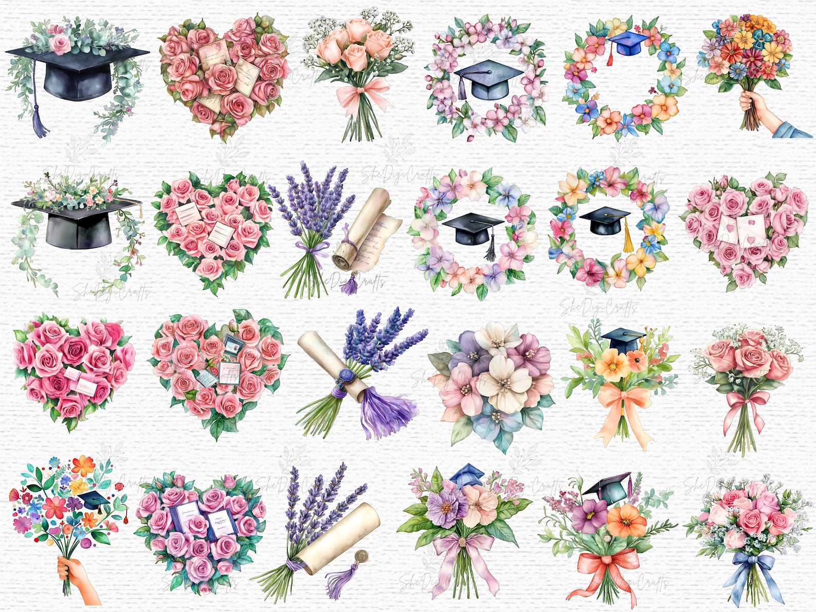 Floral Graduation Bouquet Clipart PNG Set Watercolor Flowers Class of ...