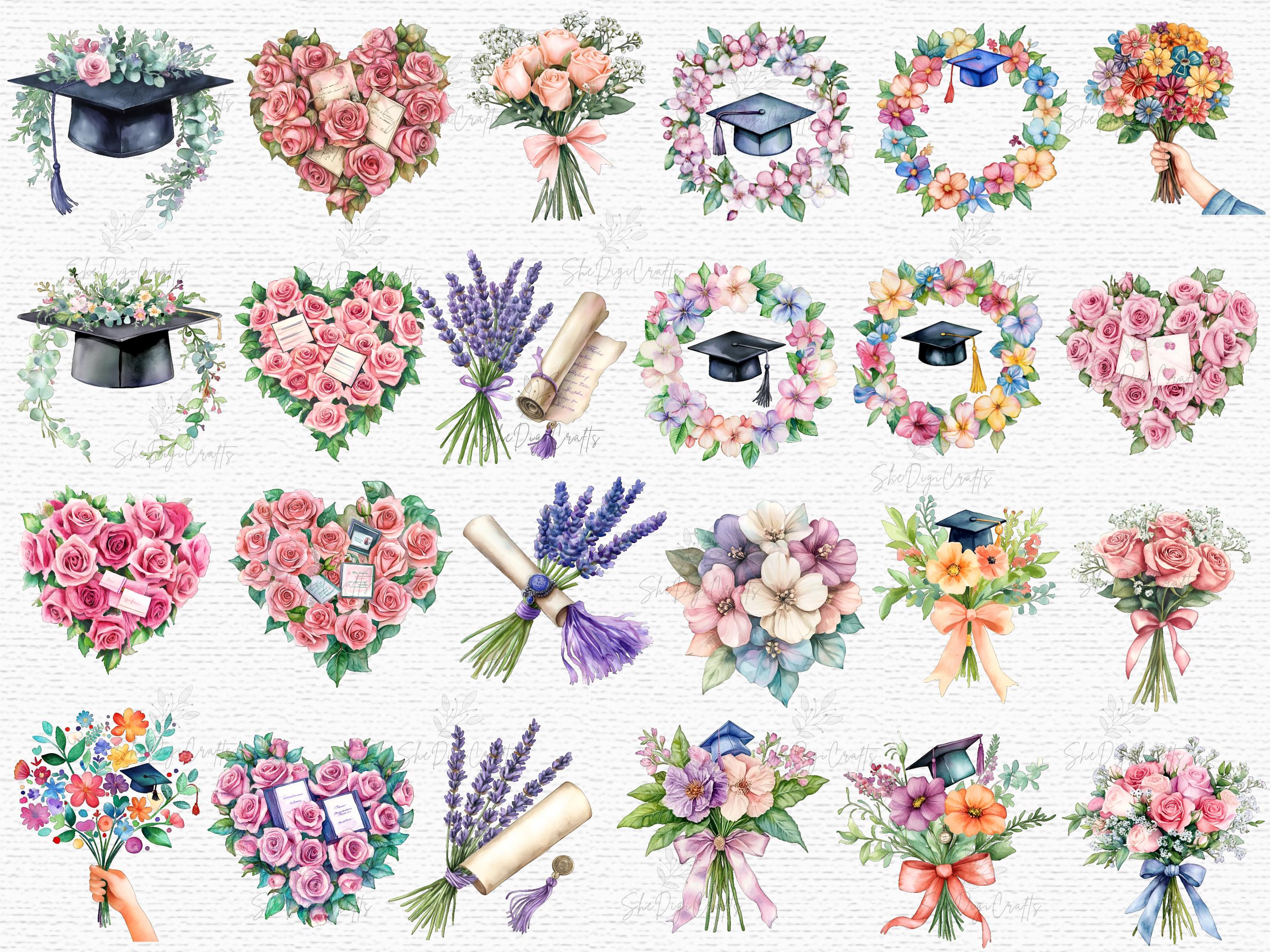Floral Graduation Bouquet Clipart PNG Set Watercolor Flowers Class of ...