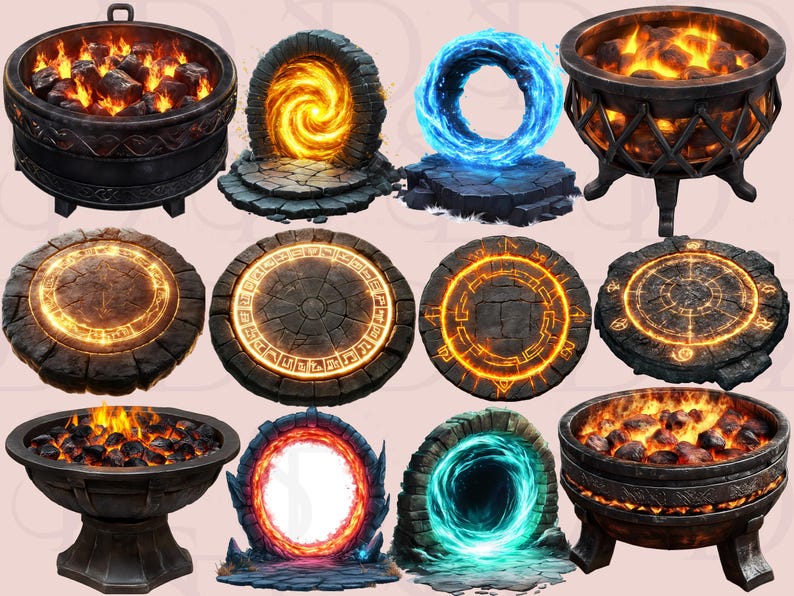 Fantasy Dungeon Elements Clipart Pack Portals Maps Fountains Traps ...