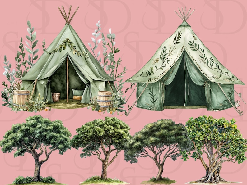 Safari Jungle Clipart Set Watercolor Jungle Animals Camp Tent Monkey ...