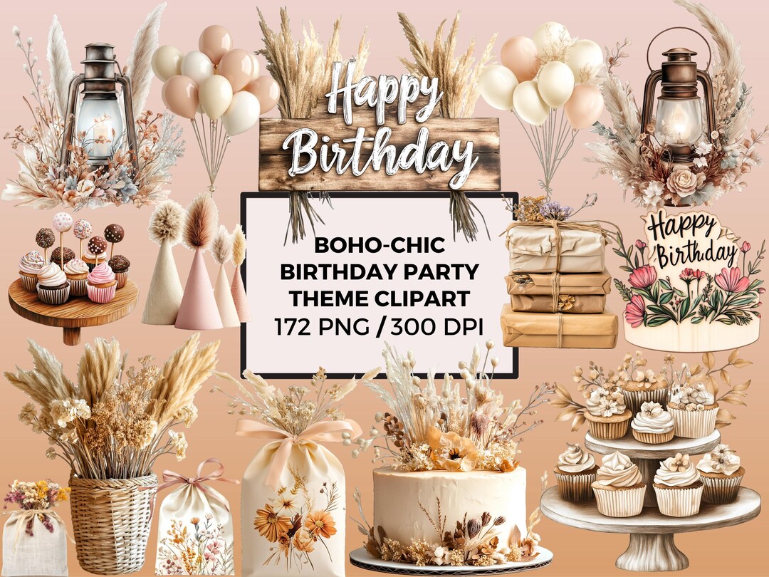 Boho Chic Birthday Clipart Set With Earthy Toned Elements Like Floral ...