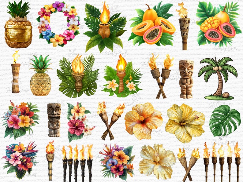 Hawaiian Luau Clipart Png Bundle Tropical Party Graphics Summer Beach ...