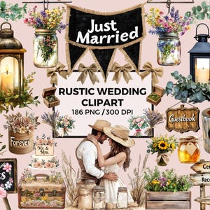 Rustic Wedding Clipart Bundle Just Married Graphics Mason Jars Flowers ...