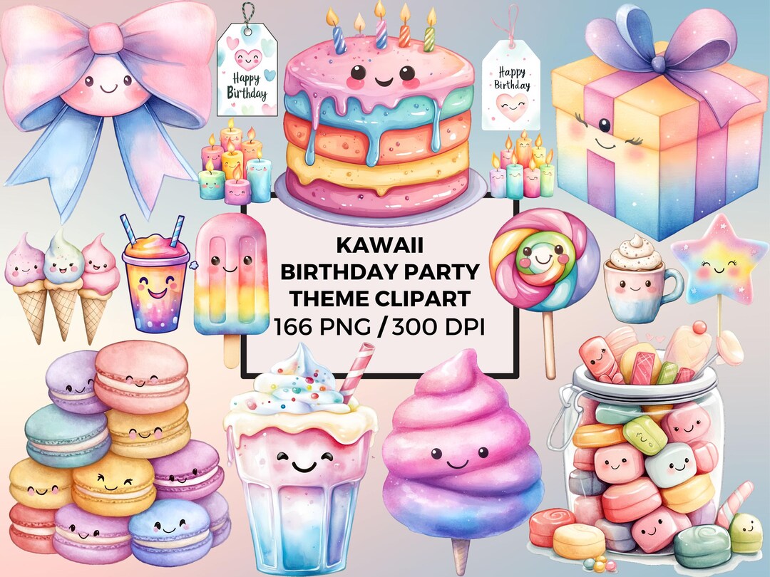 Pastel Kawaii Themed Birthday PNG Clipart Set With Pastel Colored ...