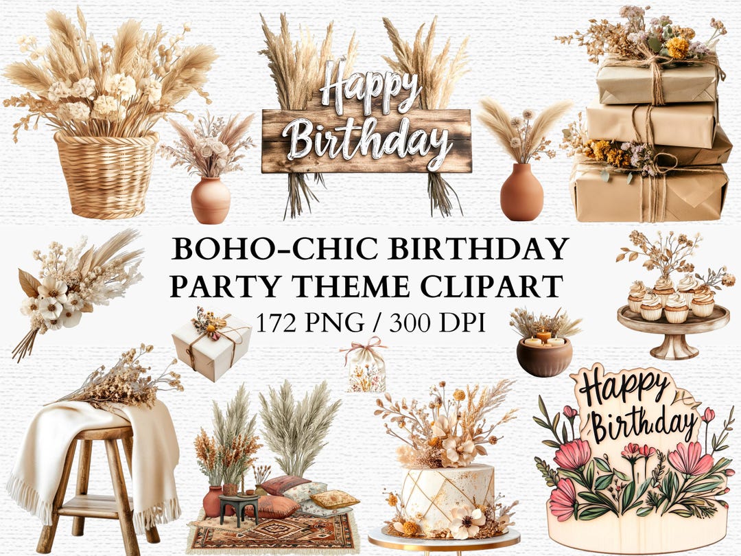 Boho Birthday Clipart PNG Boho Chic Party Decor Clip Art Neutral Floral ...