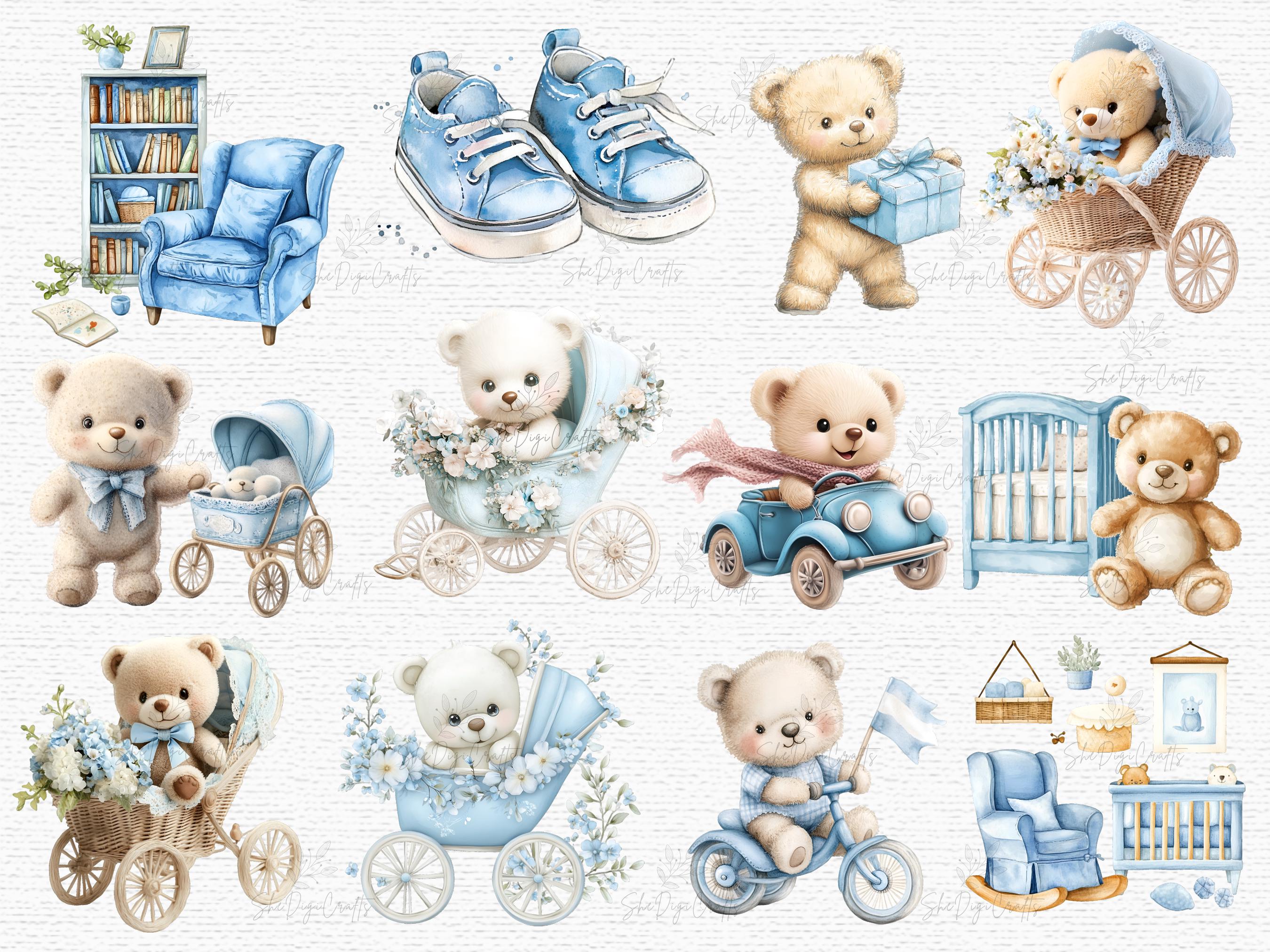 Blue Teddy Bear Clipart Watercolor, Baby Boy Nursery Bear PNG, Cute ...