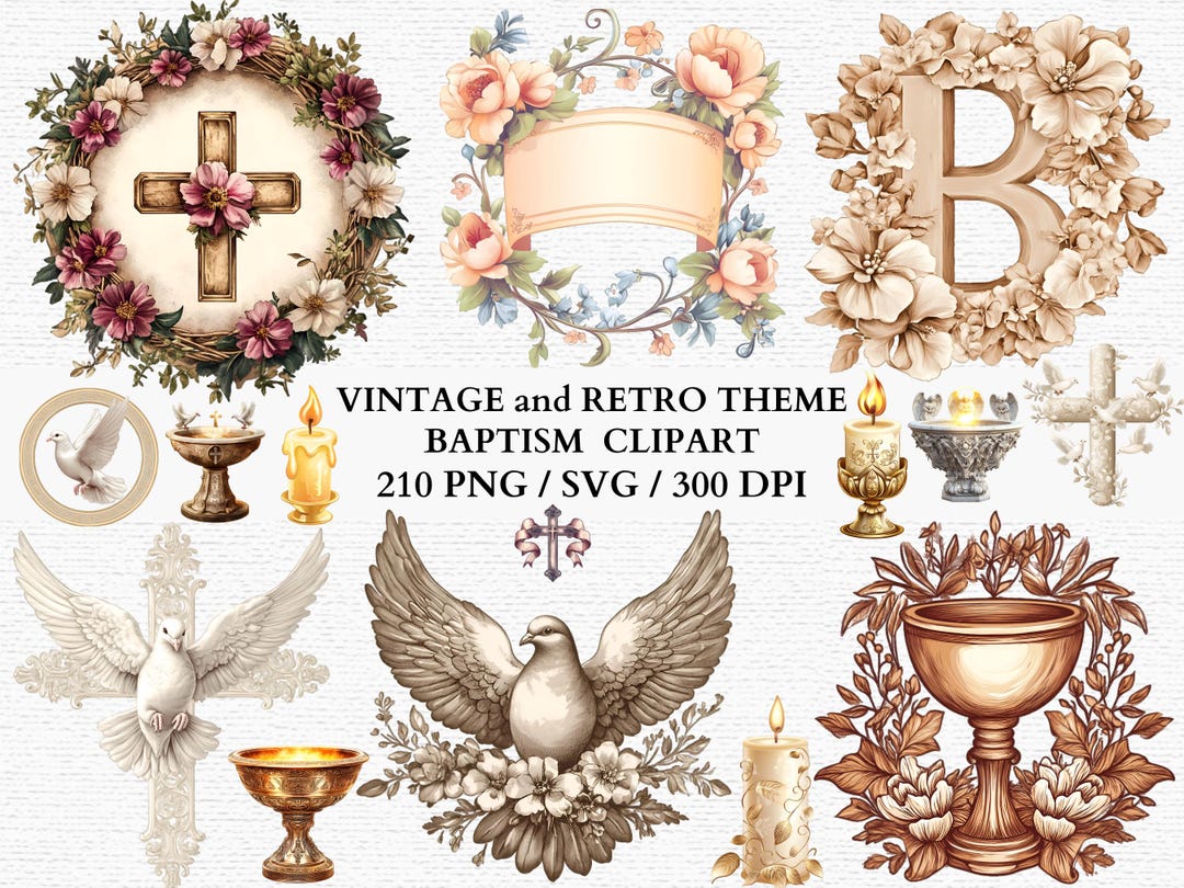Vintage Baptism Clipart PNG SVG Symbolic Religious Motifs Floral ...