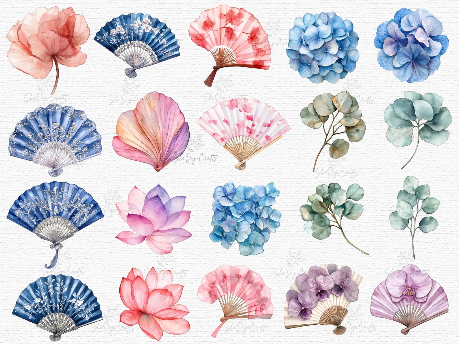 Petal Fan Clipart PNG Bundle Floral Hand Fan Graphics Watercolor Flower ...