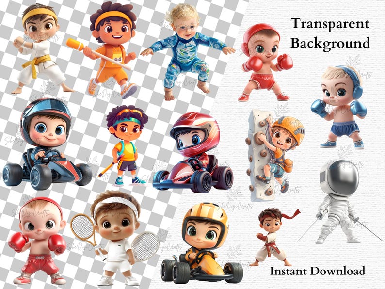 Sporty Baby Boy Clipart Bundle PNG Kids Playing Sports Baby Athlete ...
