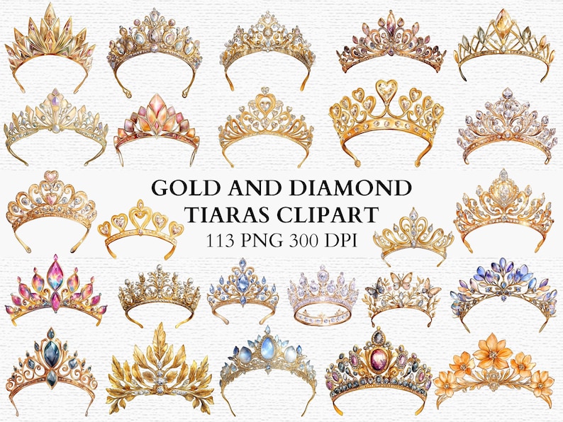 Gold and Diamond Tiara Clipart Princess Crown PNG Luxury Bridal Headpiece Clip Art Royal Tiara ...