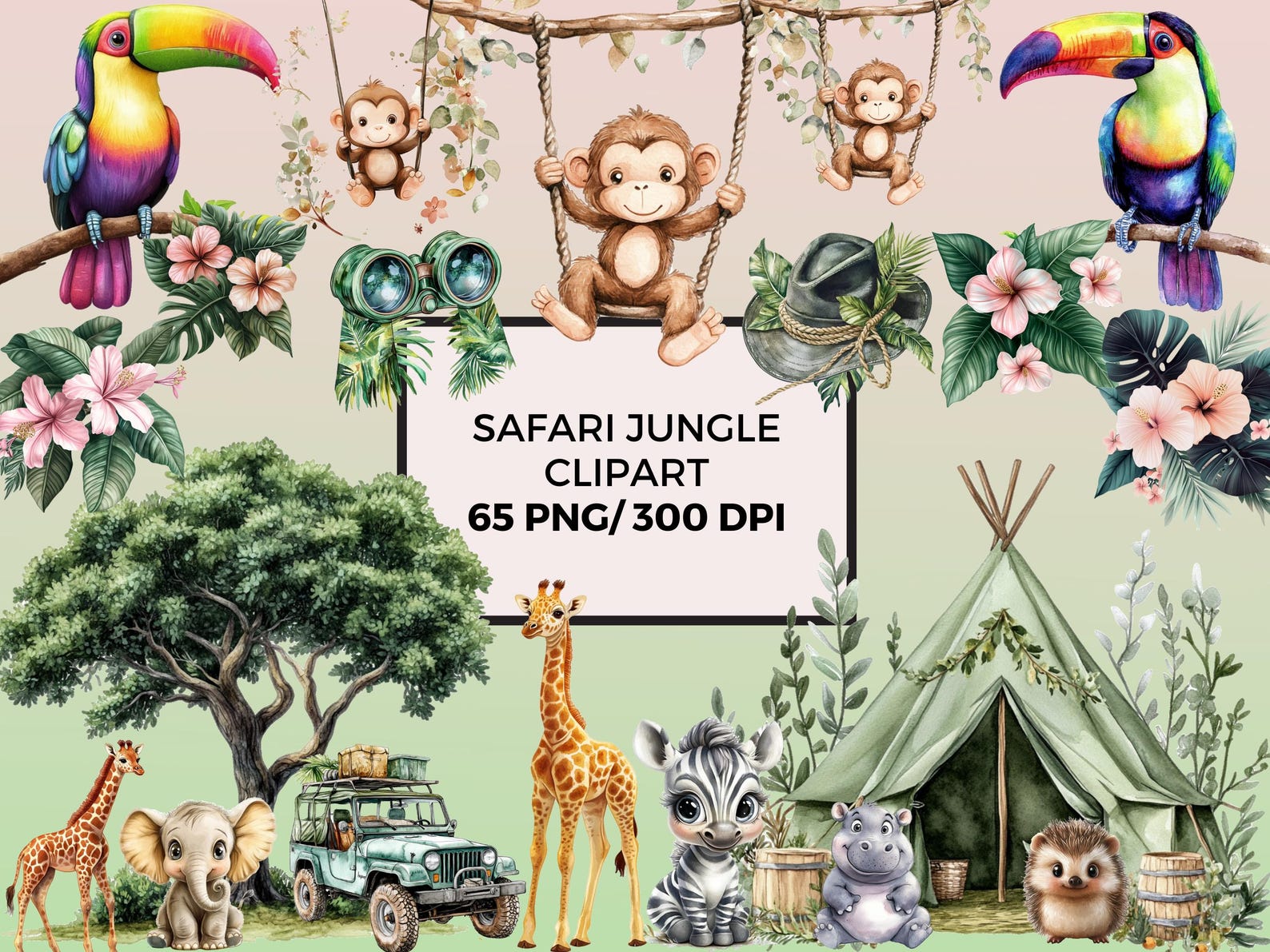 Safari Jungle Clipart Set Watercolor Jungle Animals Camp Tent Monkey ...
