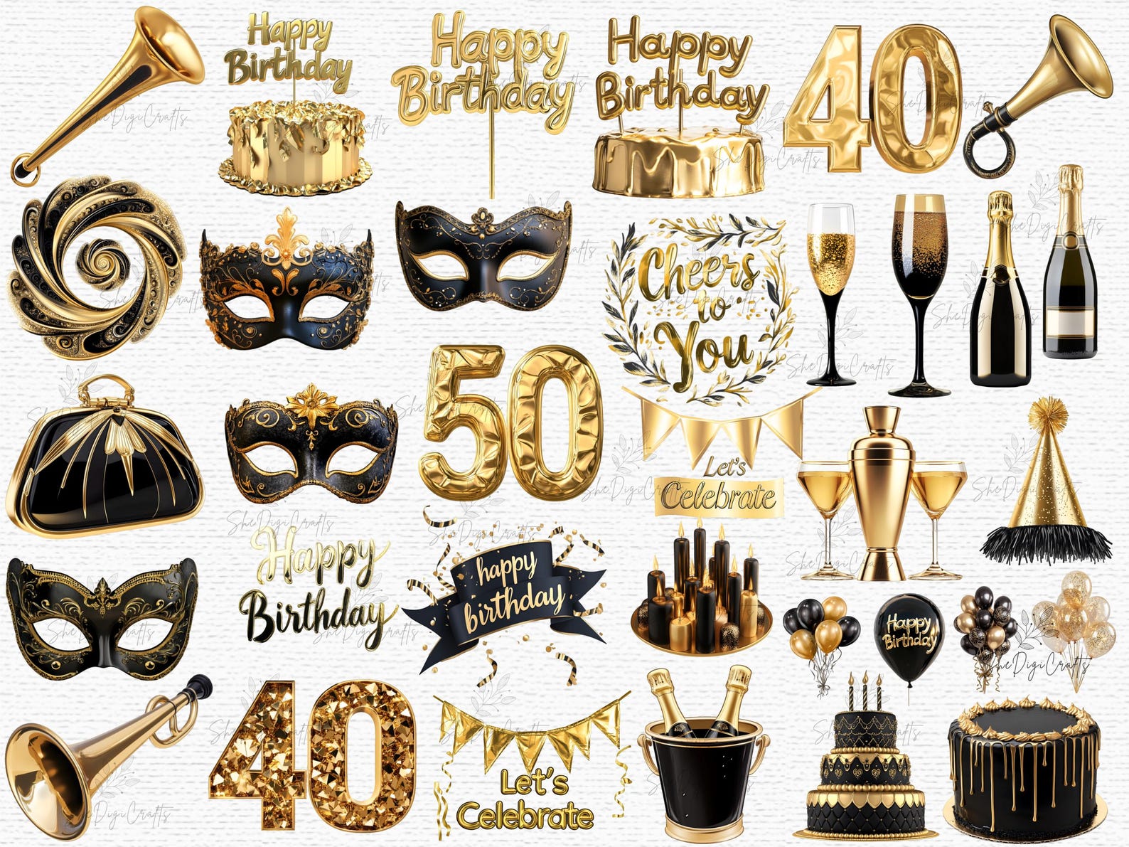 Luxury Black and Gold Birthday PNG Clipart Set With Sophisticated Decor ...