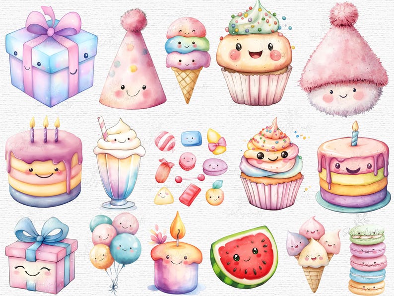 Kawaii Birthday Clipart Bundle Cute Dessert Png Pastel Chibi Cupcakes ...