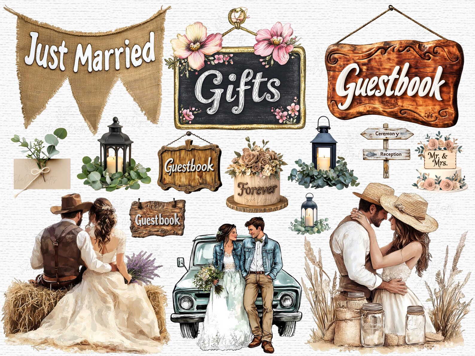 Rustic Wedding Clipart PNG Bundle Country Ceremony Graphics Barn Decor ...