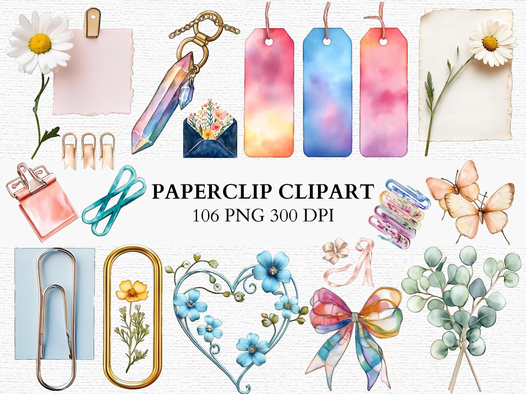 Paperclip Clipart Bundle 106 PNG Watercolor Stationery Floral Bows ...