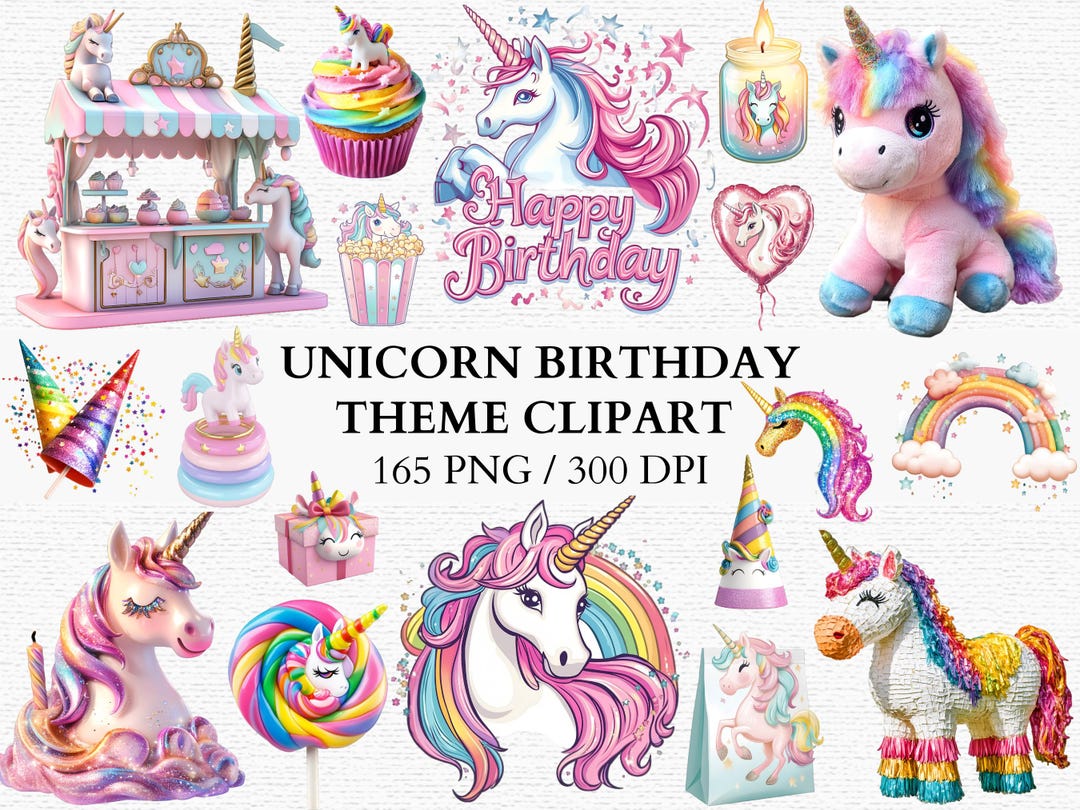 165 Unicorn Birthday Party Clipart PNG Rainbow Magical Unicorn Cupcakes ...