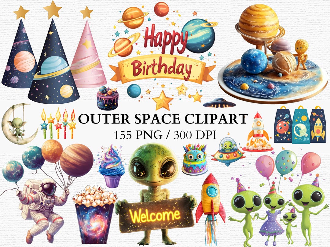 Outer Space Birthday Clipart Bundle Planet Rockets Astronauts Ufos ...