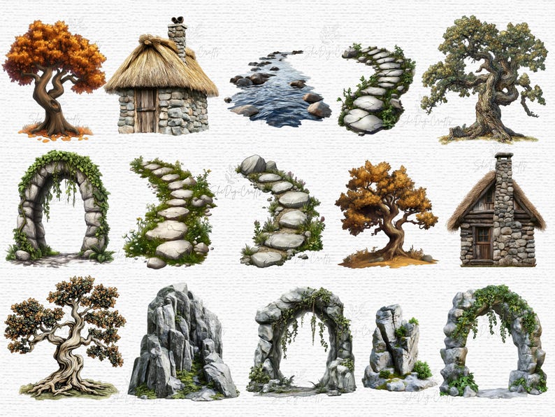 Fantasy Props Clipart for Junk Journals Medieval Trees Stones Arches ...
