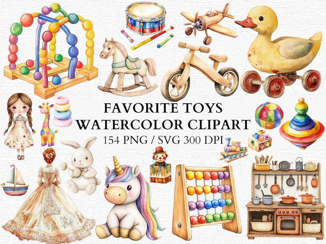 Watercolor Toys Clipart Bundle PNG SVG Vintage Toy Graphics Nursery ...