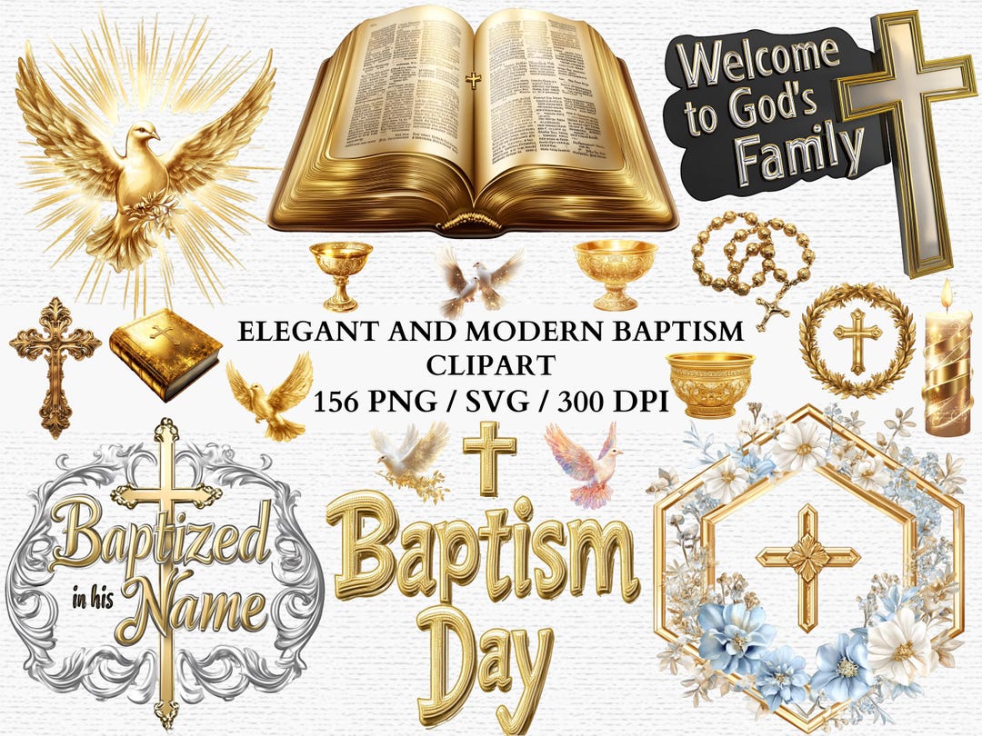Elegant Gold Baptism Clipart Featuring Religious Icons Holy Bibles and ...