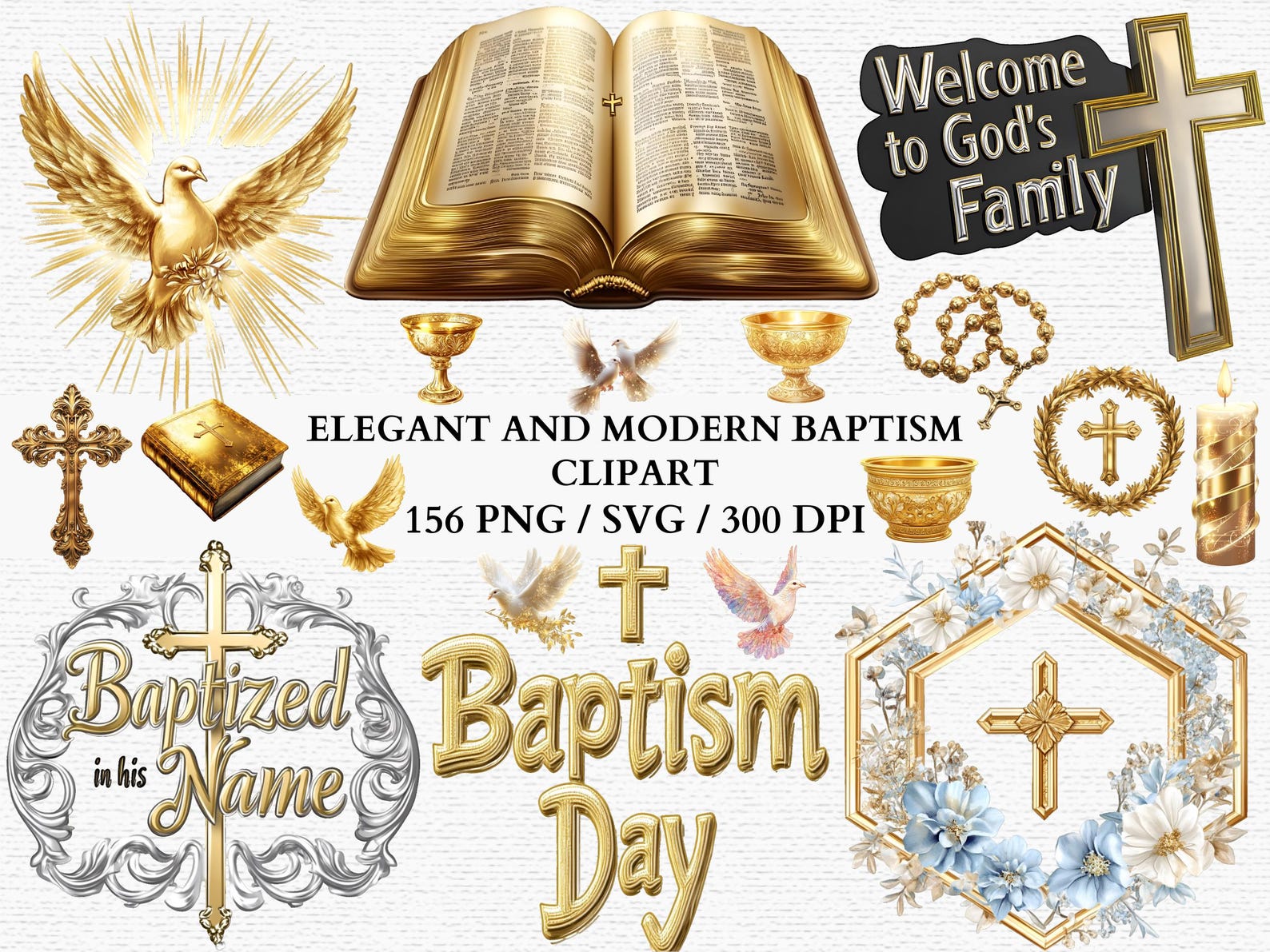 Elegant Gold Baptism Clipart Religious Cross and Bible SVG PNG ...