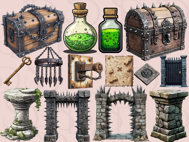 Fantasy Dungeon Elements Clipart Pack Portals Maps Fountains Traps ...