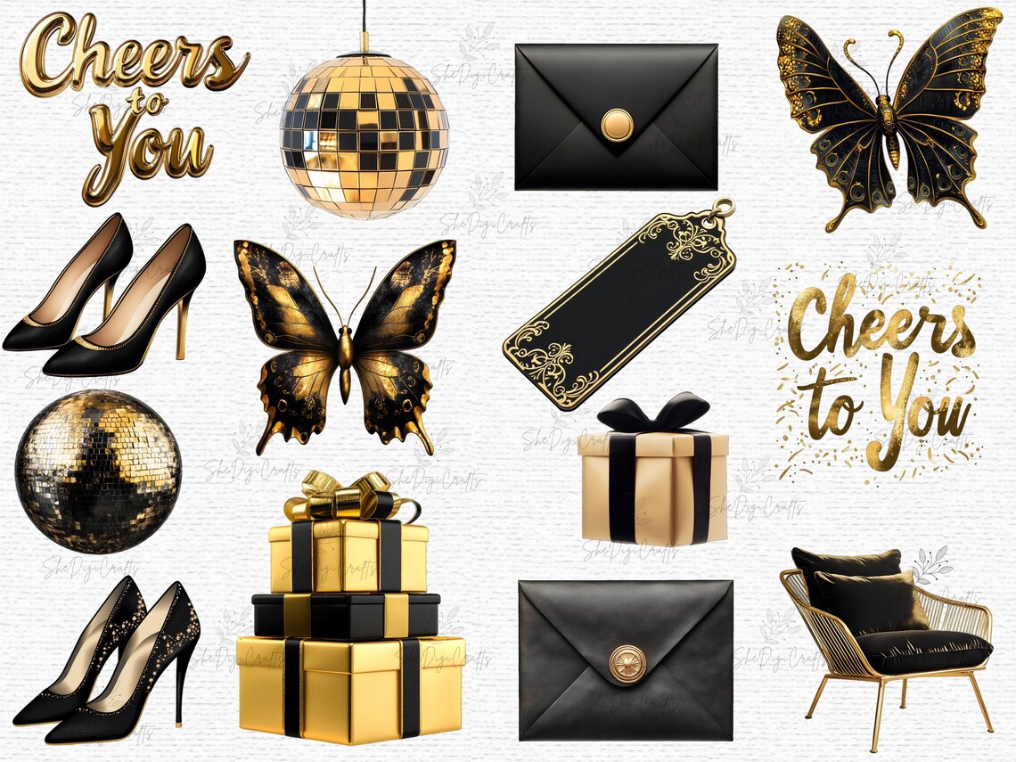 Luxury Black and Gold Birthday PNG Clipart Set With Sophisticated Decor ...