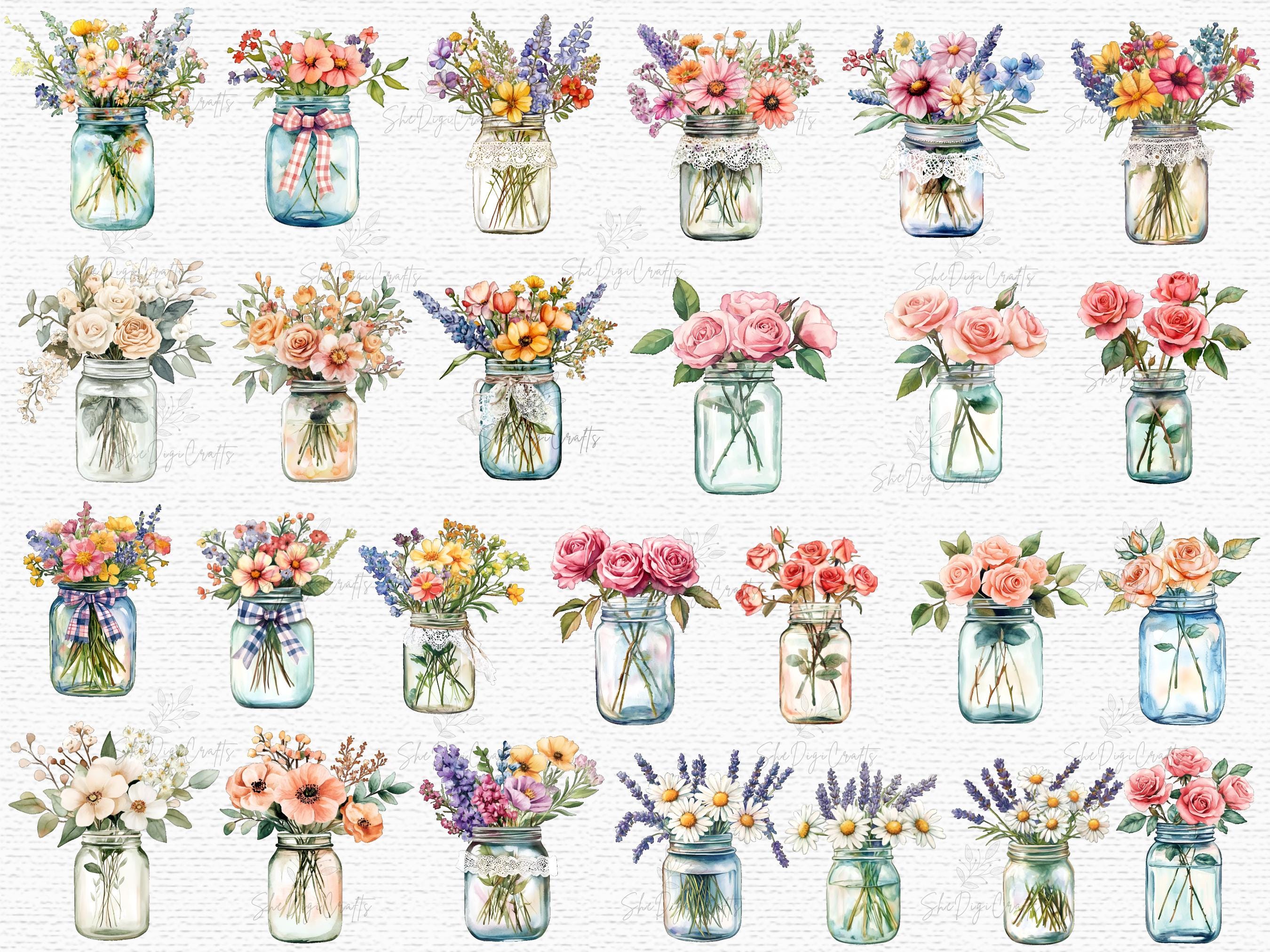 Watercolor Mason Jar Flower Clipart Bundle Wildflower Bouquet PNG ...