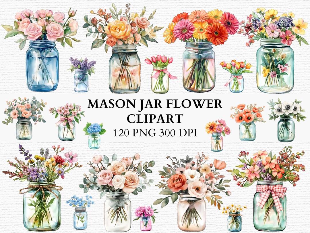 Watercolor Mason Jar Flower Clipart Bundle Wildflower Bouquet PNG ...