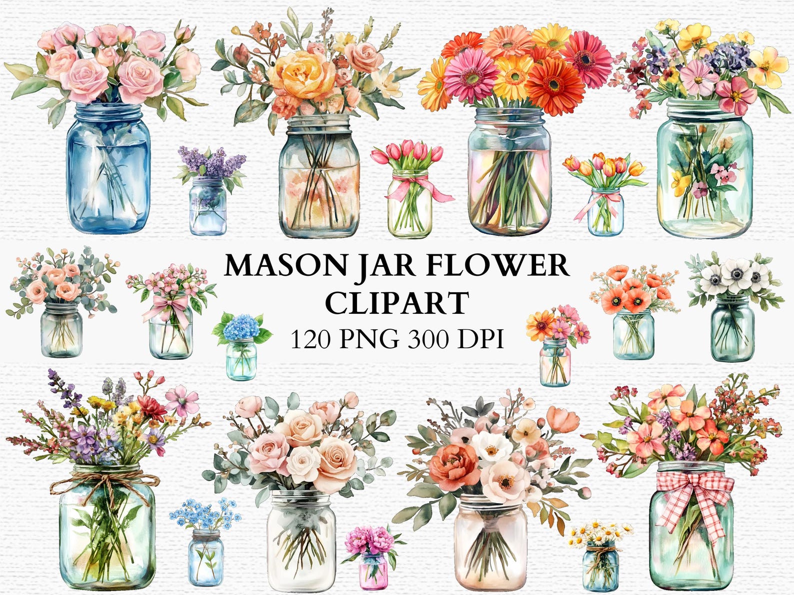 Watercolor Mason Jar Flower Clipart Bundle Wildflower Bouquet PNG ...