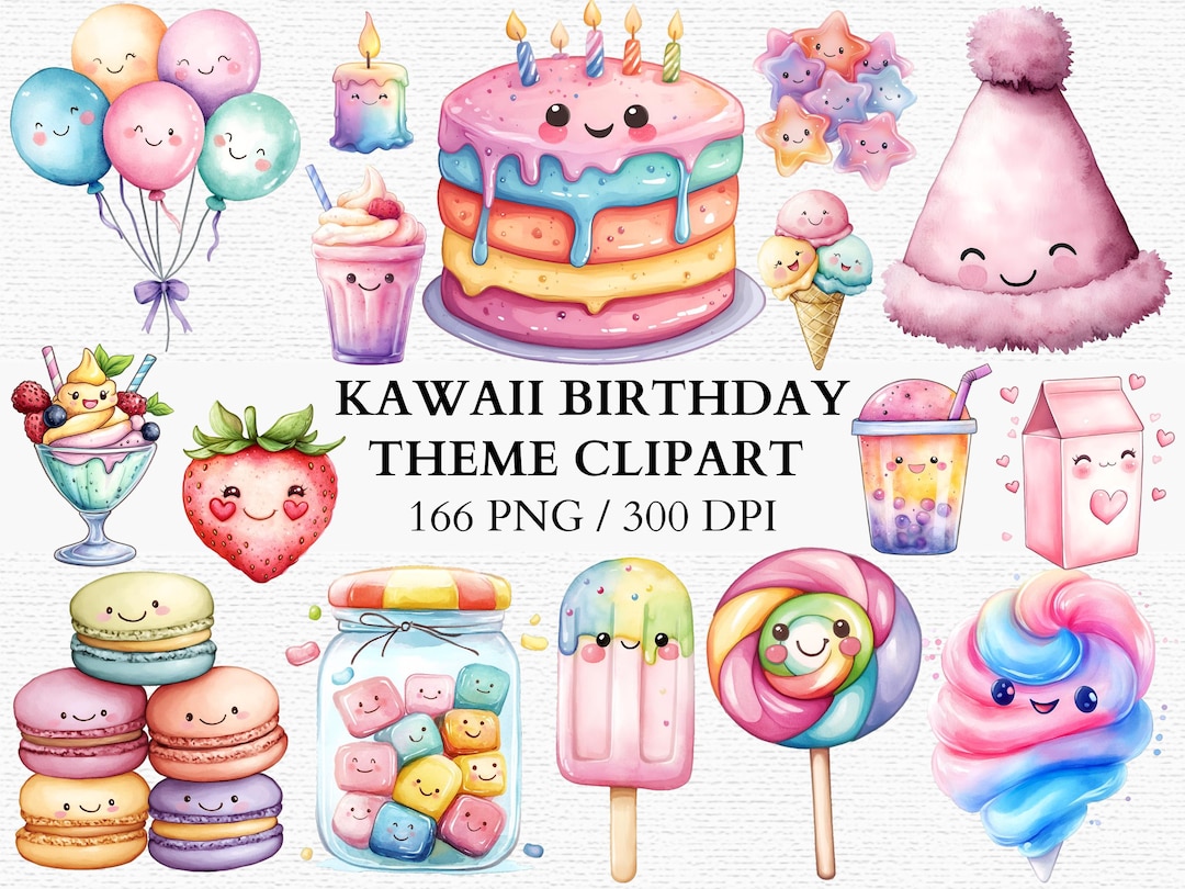 Kawaii Birthday Clipart Bundle Cute Dessert Png Pastel Chibi Cupcakes ...