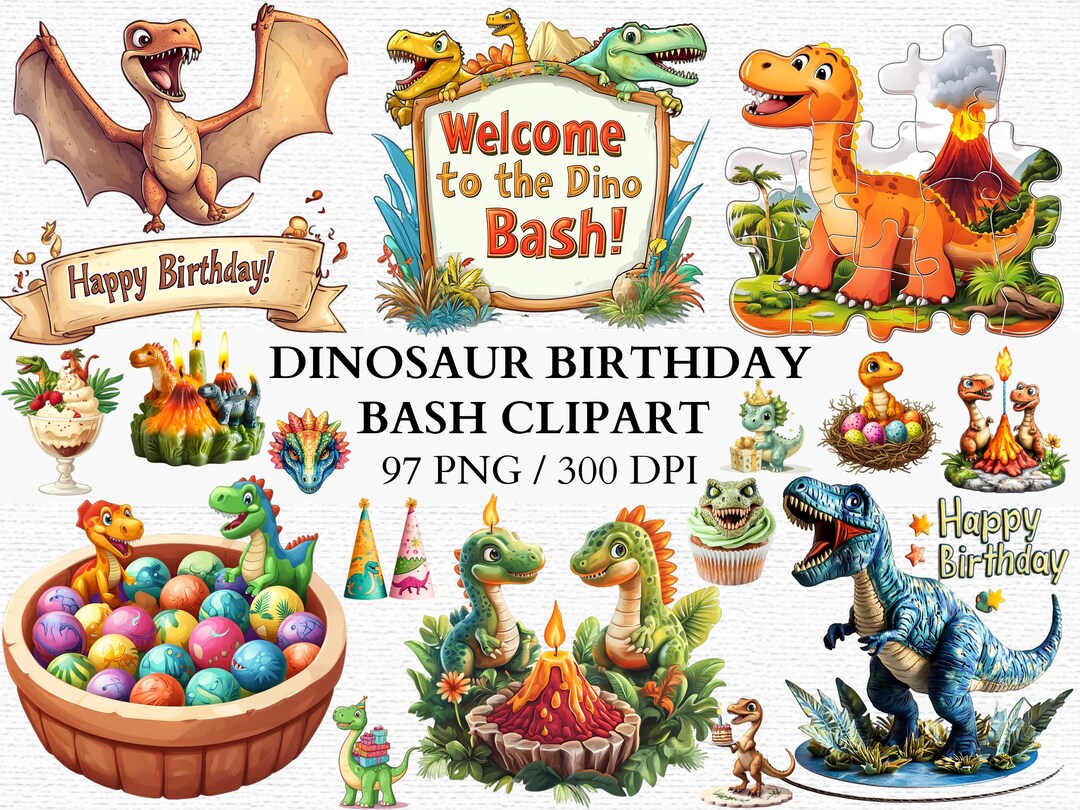 Dinosaur Birthday Clipart Bundle Dino Party PNG Set Kids Birthday ...