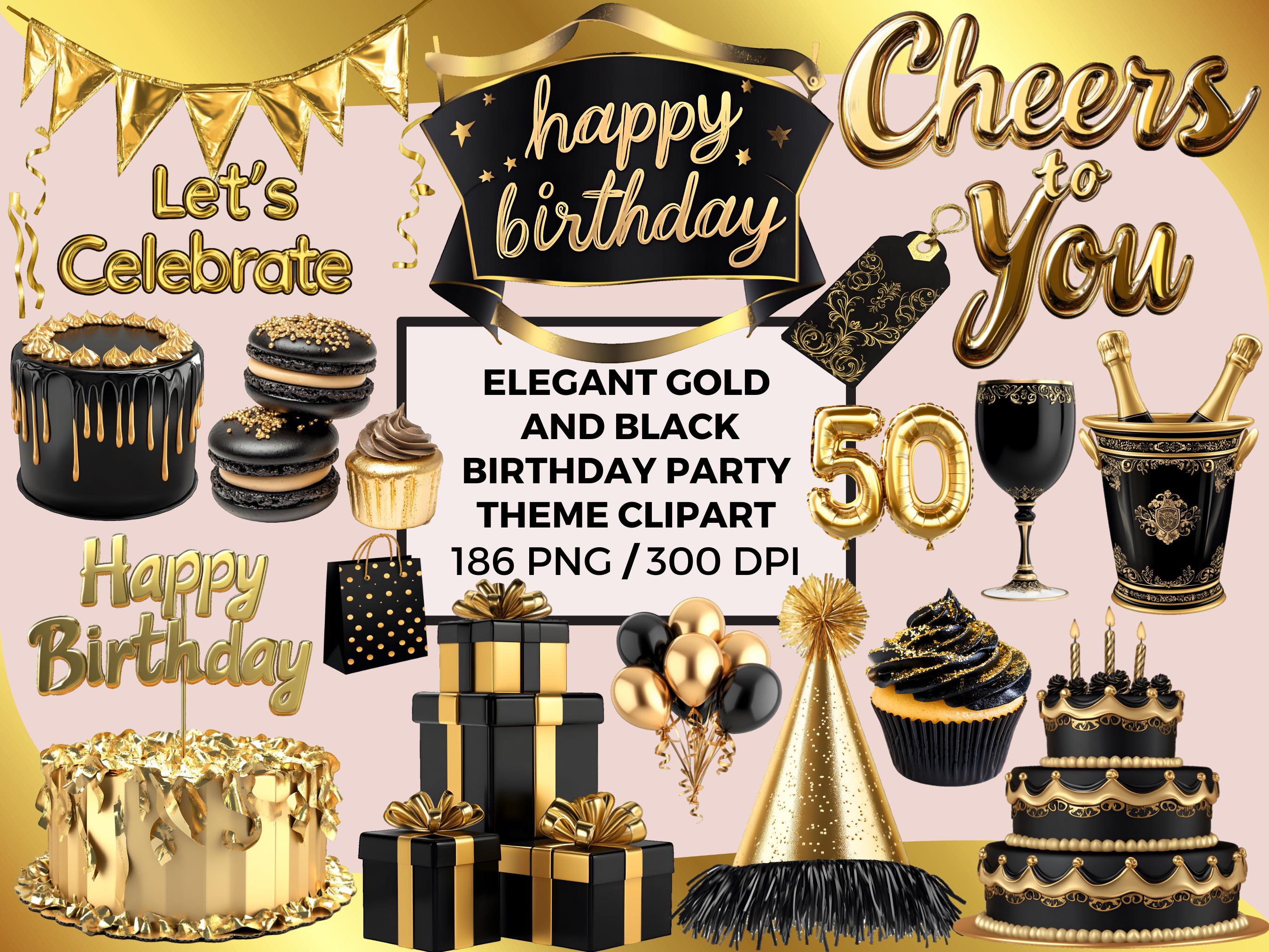 Luxury Black and Gold Birthday PNG Clipart Set With Sophisticated Decor ...