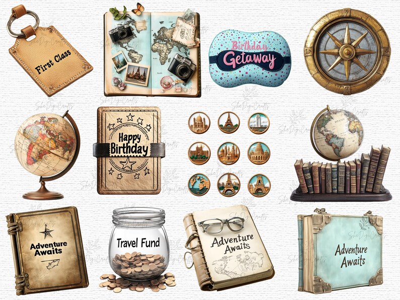 Travel Themed Birthday Clipart Set Vintage Travel Posters Birhday ...