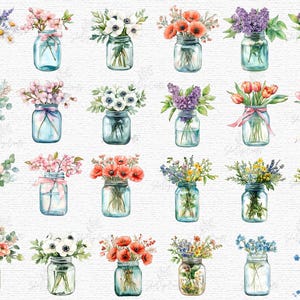 Watercolor Mason Jar Flower Clipart Bundle Wildflower Bouquet PNG ...