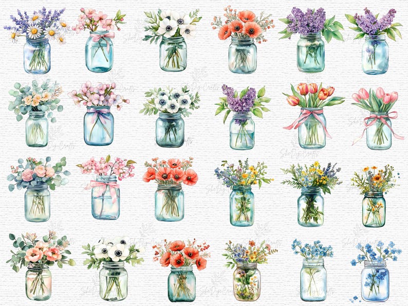 Watercolor Mason Jar Flower Clipart Bundle Wildflower Bouquet PNG ...