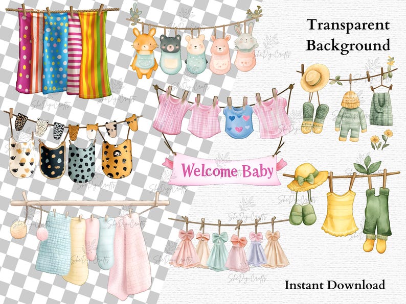 Baby Clothes Clipart Cute Nursery Clothesline Baby Shower Decoration ...
